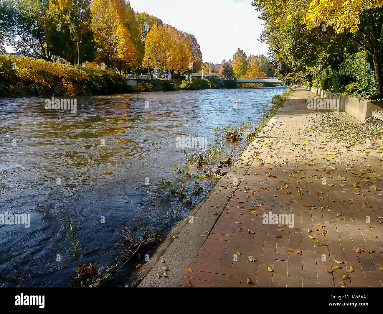 river meets paved park path Stock Photo - Alamy