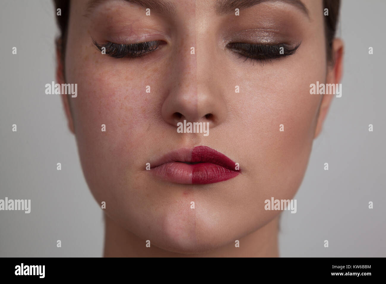 Woman with make-up on one side of the face and without make-up on the ...