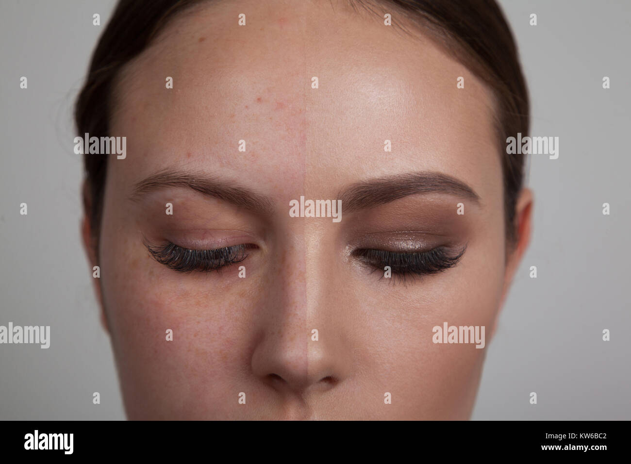 Woman with make-up on one side of the face and without make-up on the ...
