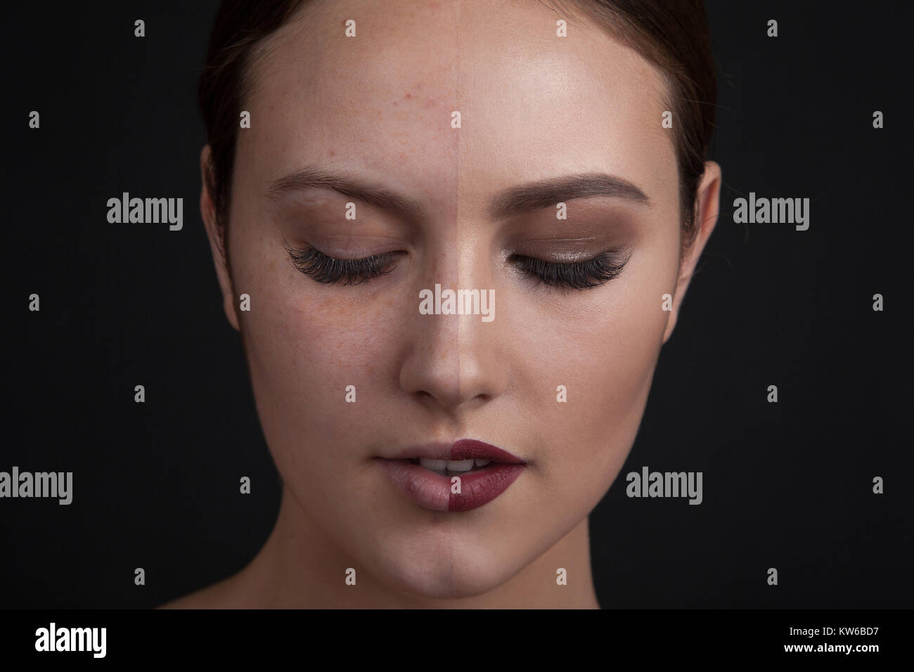 Woman with make-up on one side of the face and without make-up on the ...
