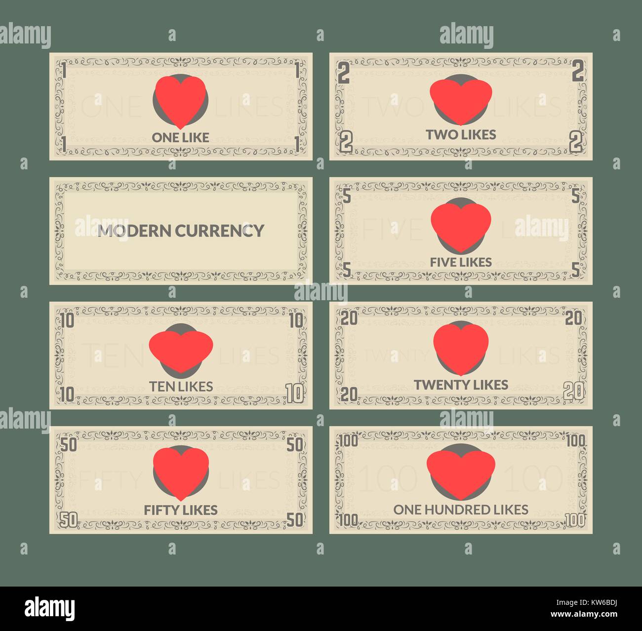 Set of modern like currency. Souvenir money collection for printing ...