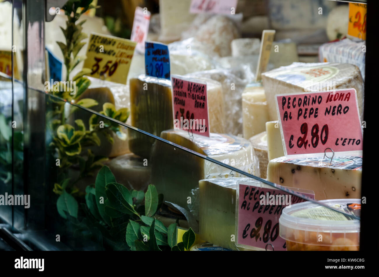 view of traditional italian cheese expose on the shop window Stock ...