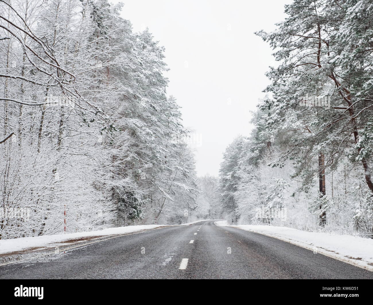 Highway in winter in a snowy forest Stock Photo - Alamy