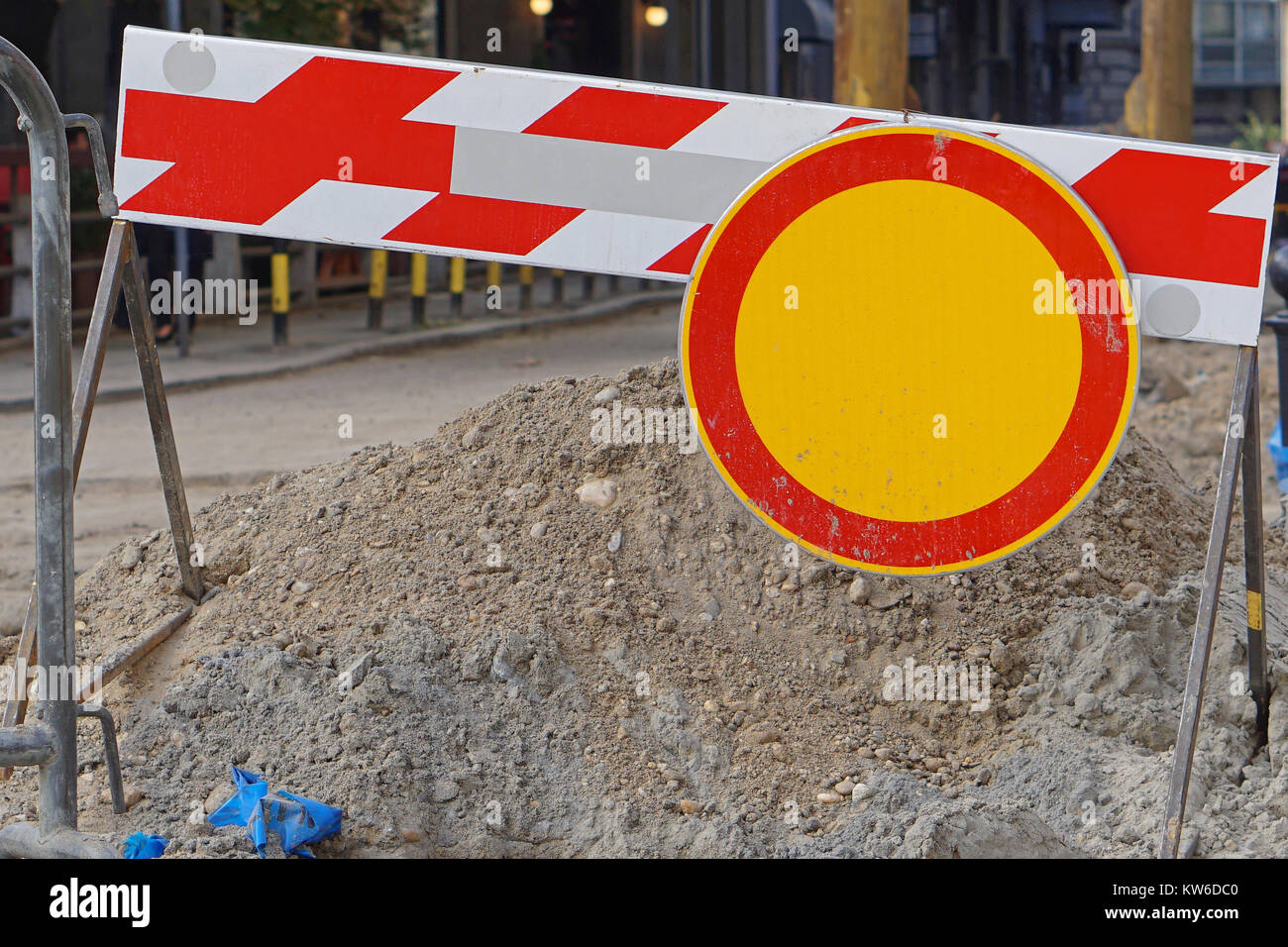 Closed road traffic sign and construction barrier Stock Photo - Alamy