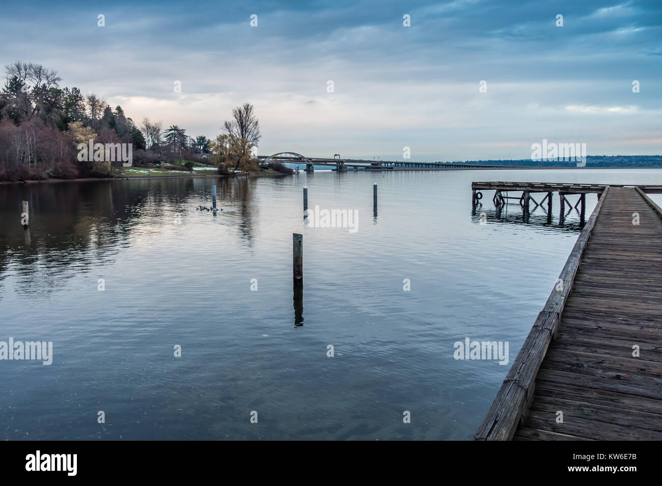 A view of a pier and I-90 highway bridge in Seattle, Washington Stock ...
