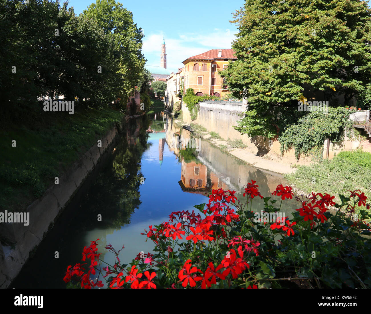 red geranium flowers flowering and the ancient monument Stock Photo - Alamy