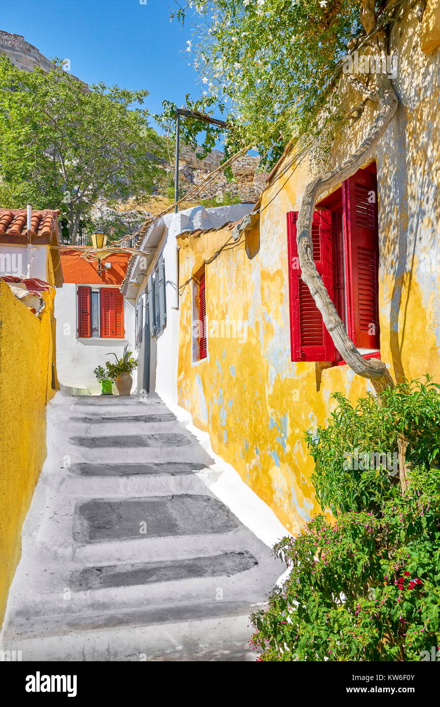 Colorful houses in Anafiotika quarter under the Acropolis, Athens ...