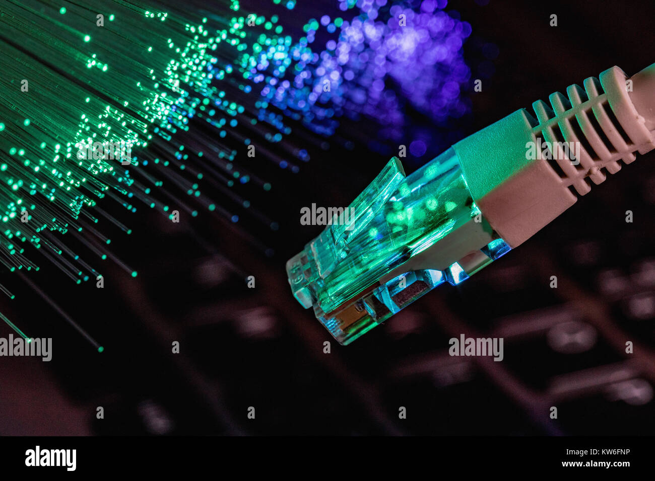 network cable closeup with fiber optical background, color fiber ...