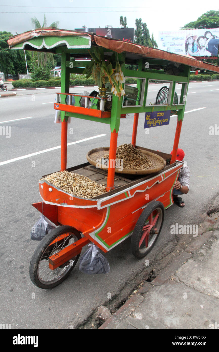 Cart with peanuts on the street of Yangon, Myanmar Stock Photo - Alamy