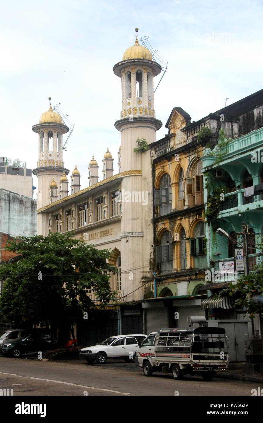 Mosque and houses on the street in Yangon, Myanmar Stock Photo - Alamy