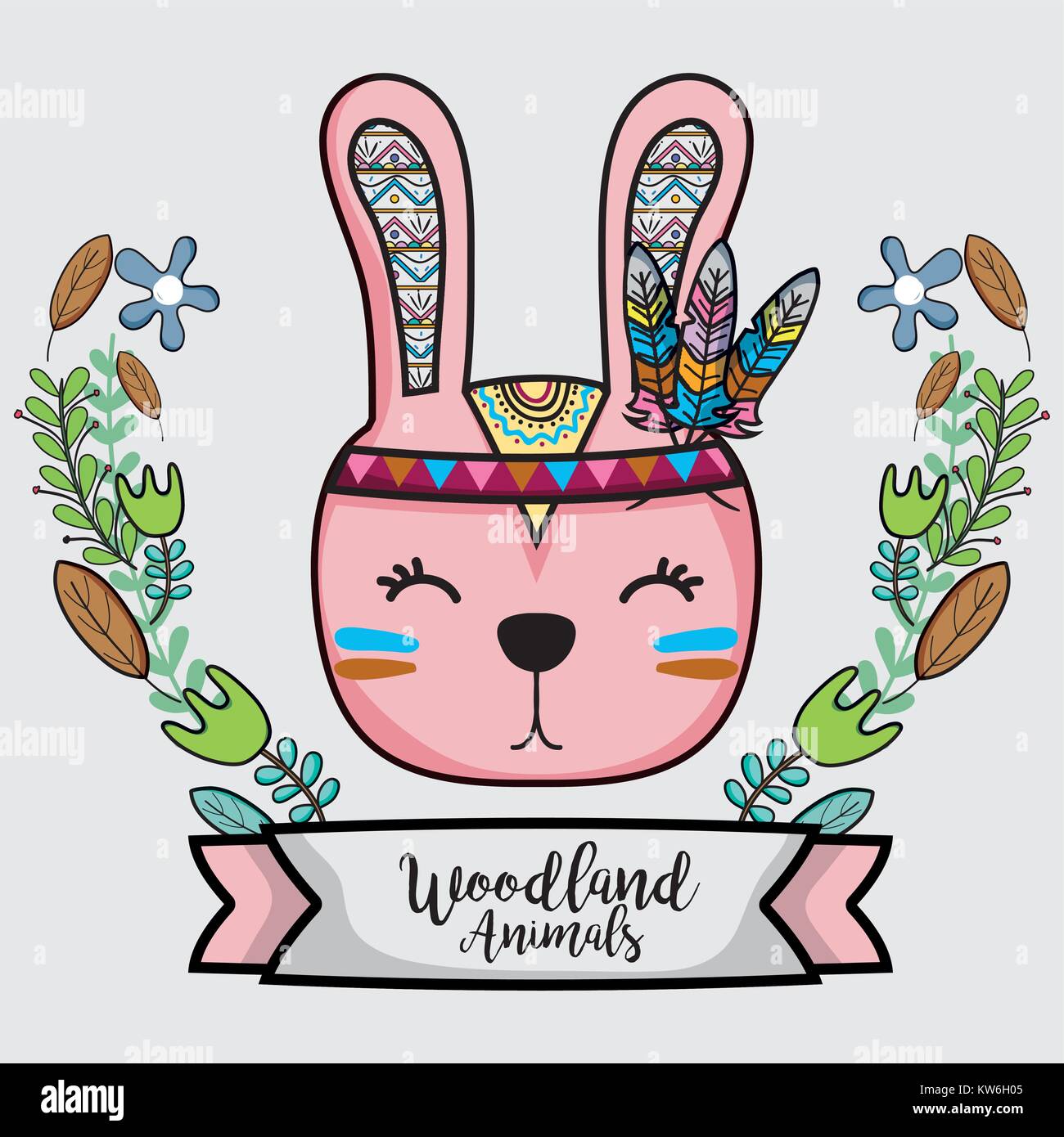 nice rabbit tribal animal with feathers and ribbon vector illustration ...