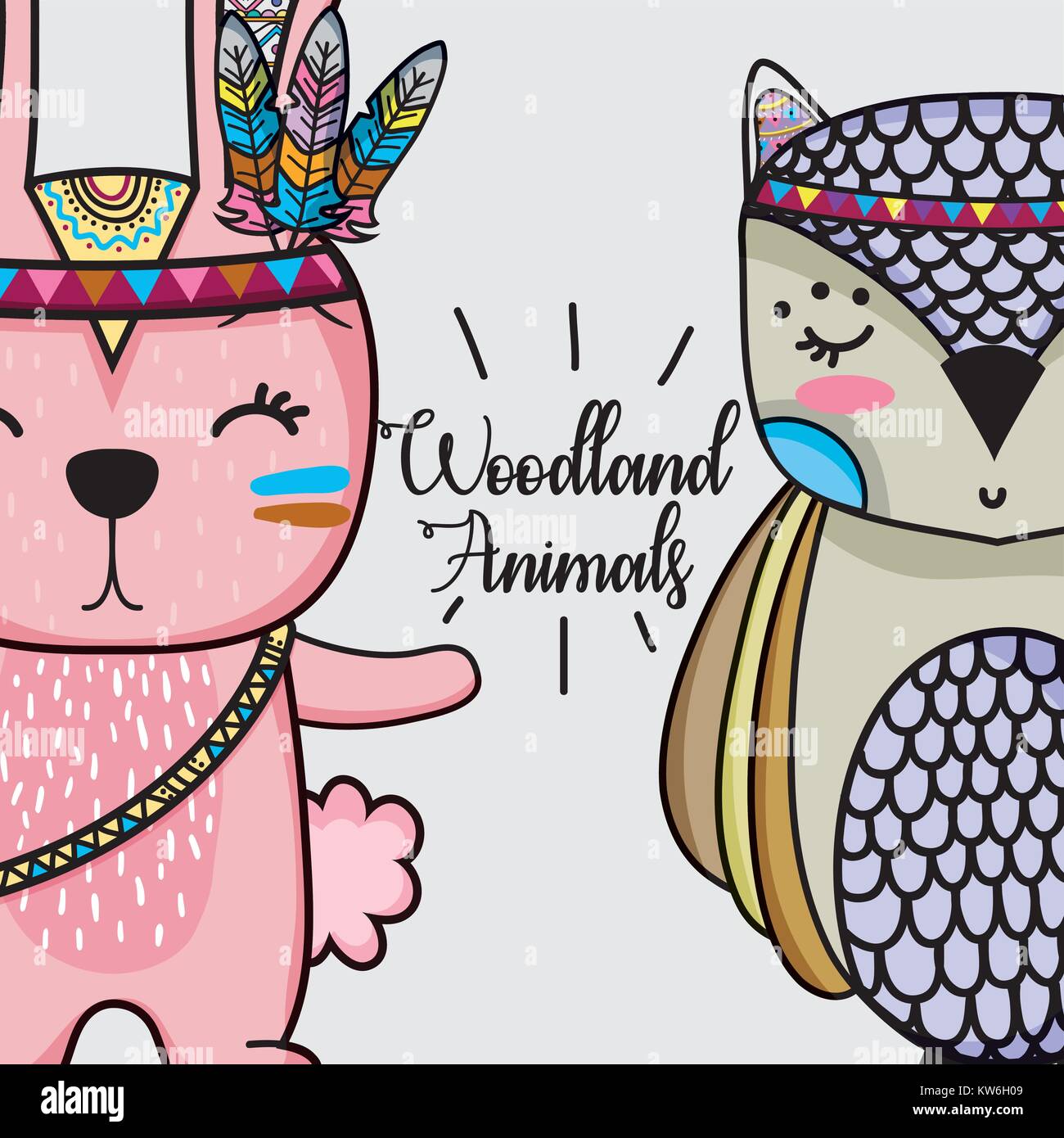rabbit and owl tribal animal with feathers vector illustration Stock ...
