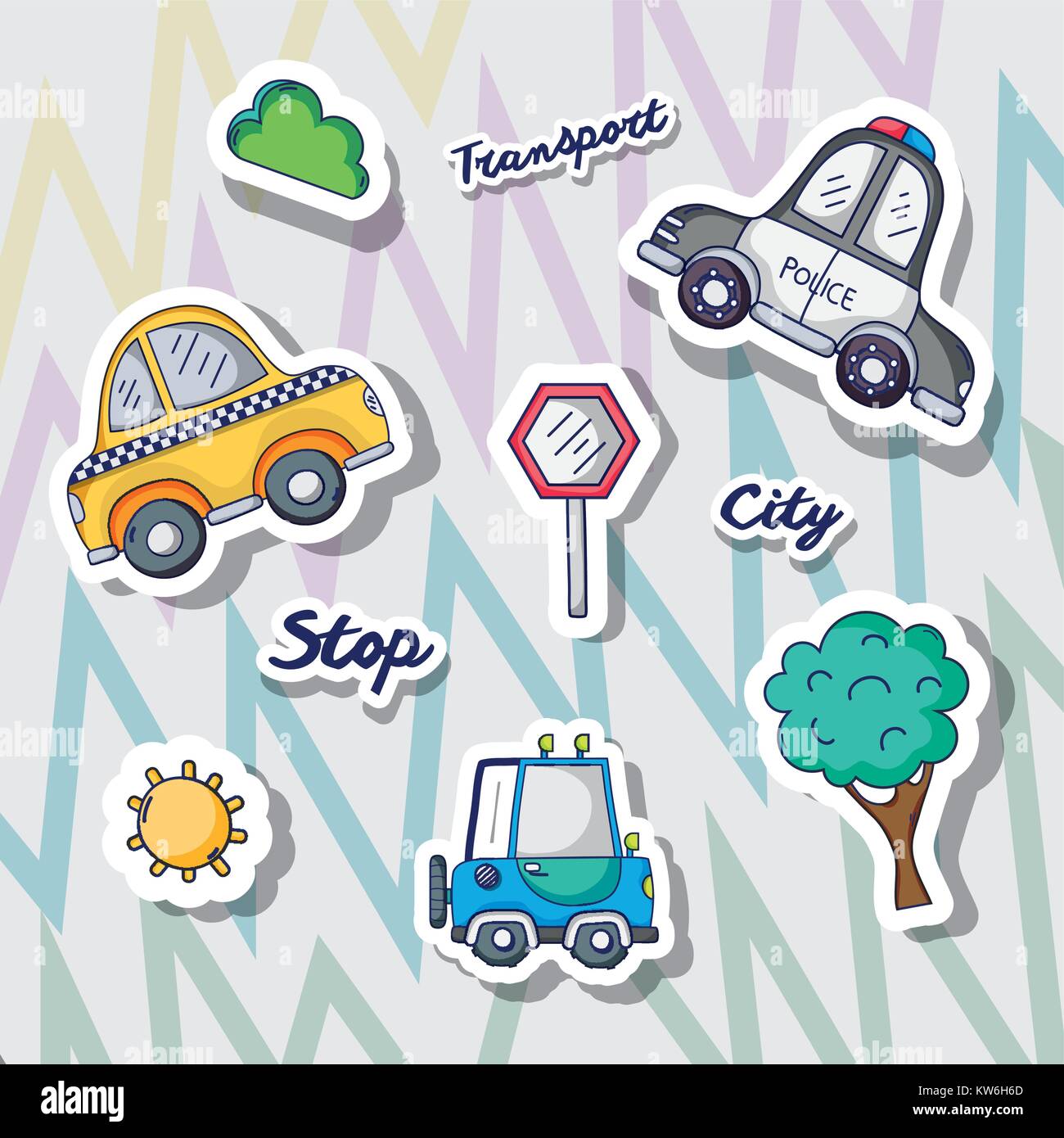 set transportation and road elements patches design vector illustration ...