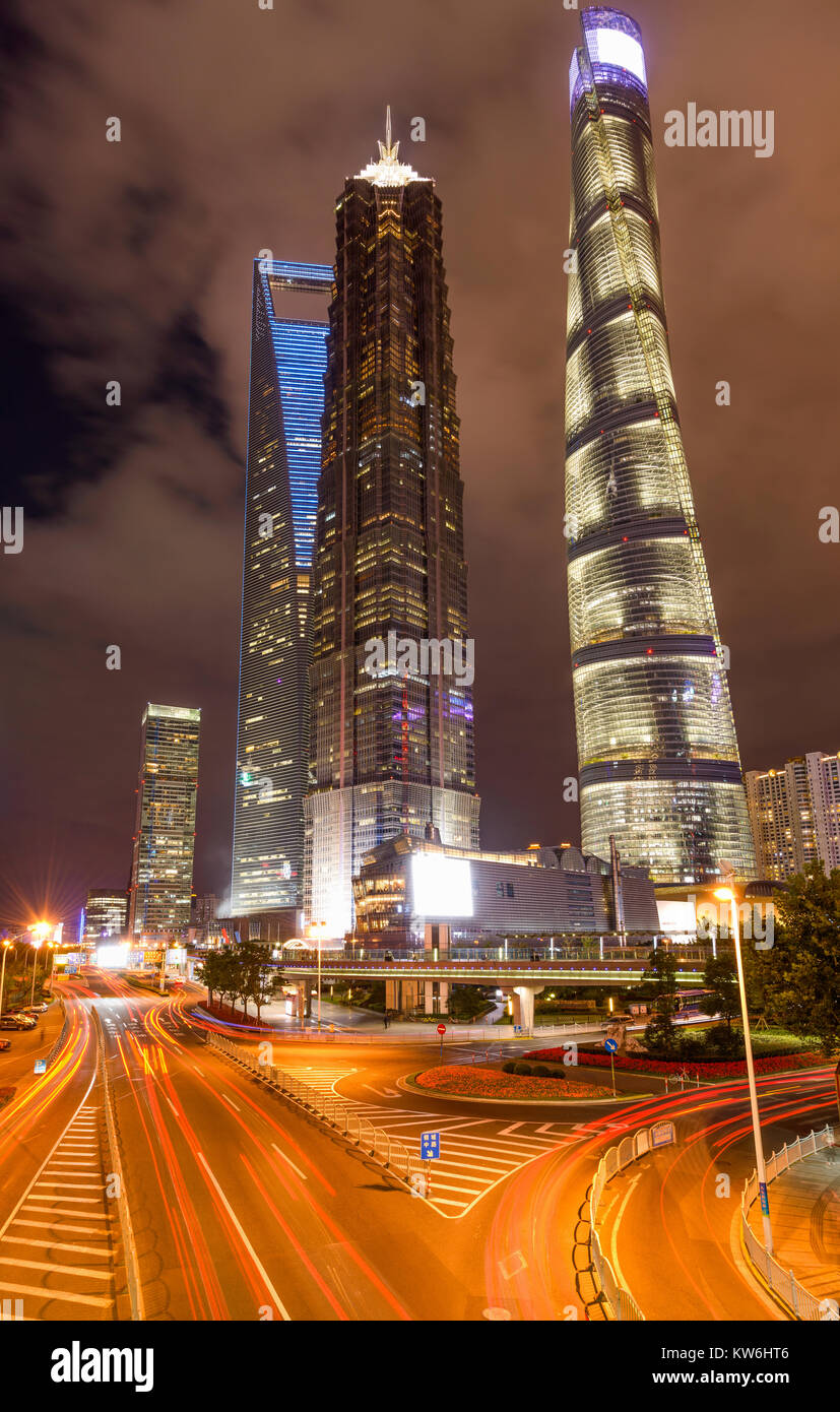 LujiaZui Financial Center - A night view of traffic flowing through the ...