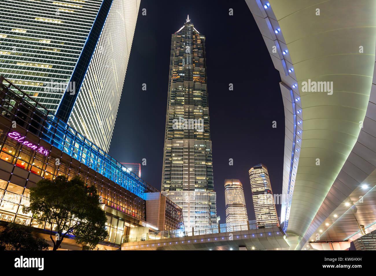 Jin Mao Tower at Night - A close-up view of modern glass and steel Jin ...