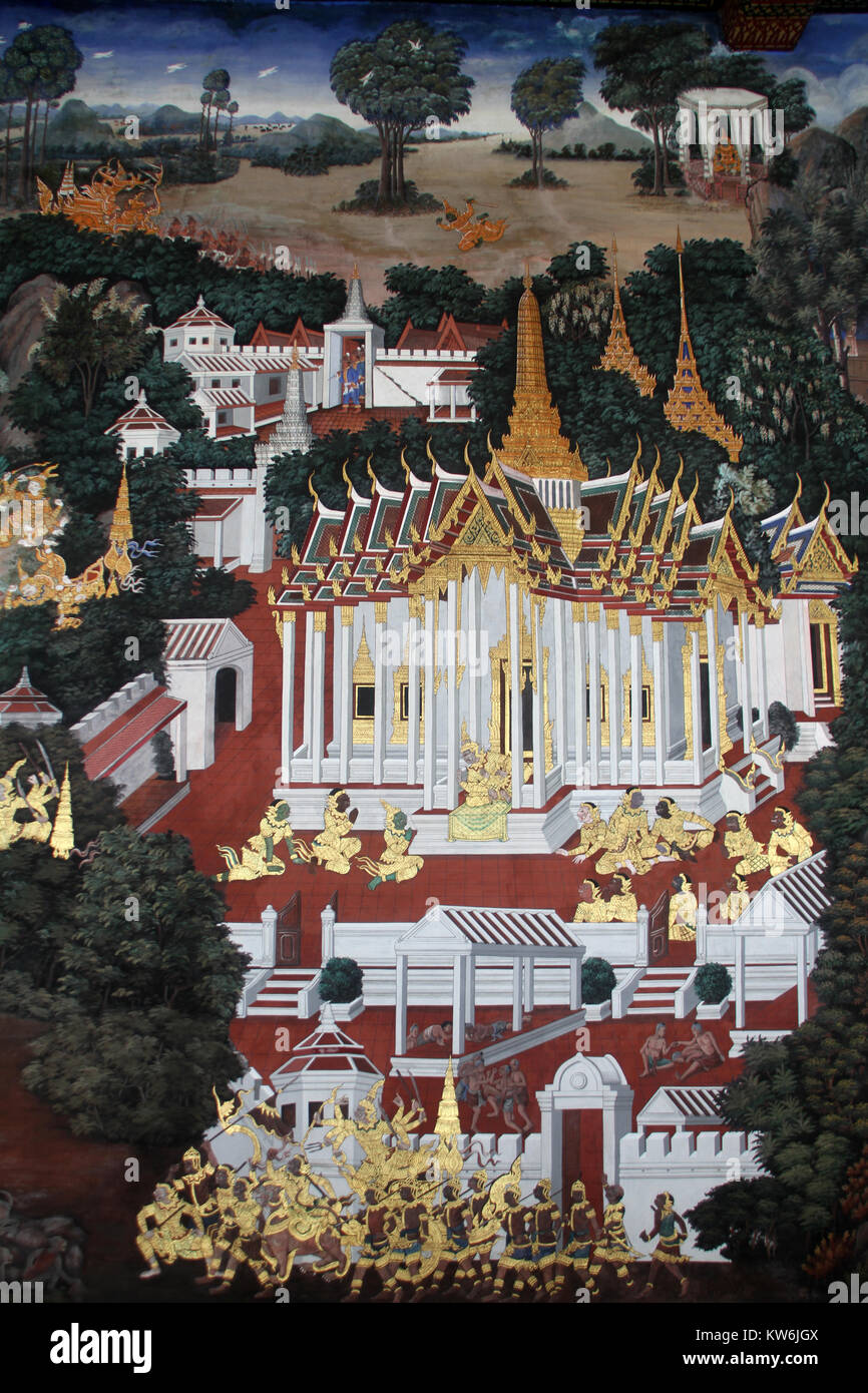 Ramakien picture on the wall, column and roof of temple Stock Photo - Alamy