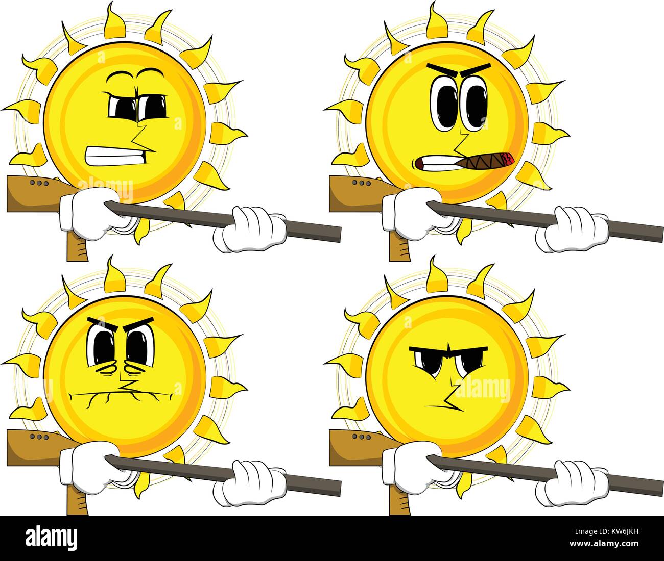 Cartoon sun with a big gun. Collection with sad faces. Expressions ...