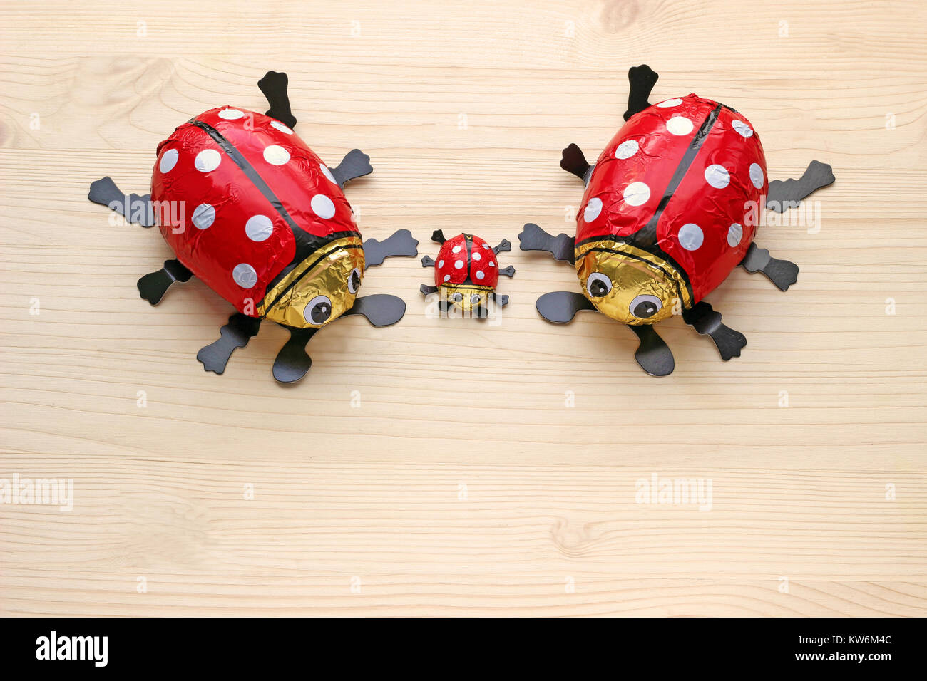 small family of chocolate ladybugs on bright wood Stock Photo - Alamy