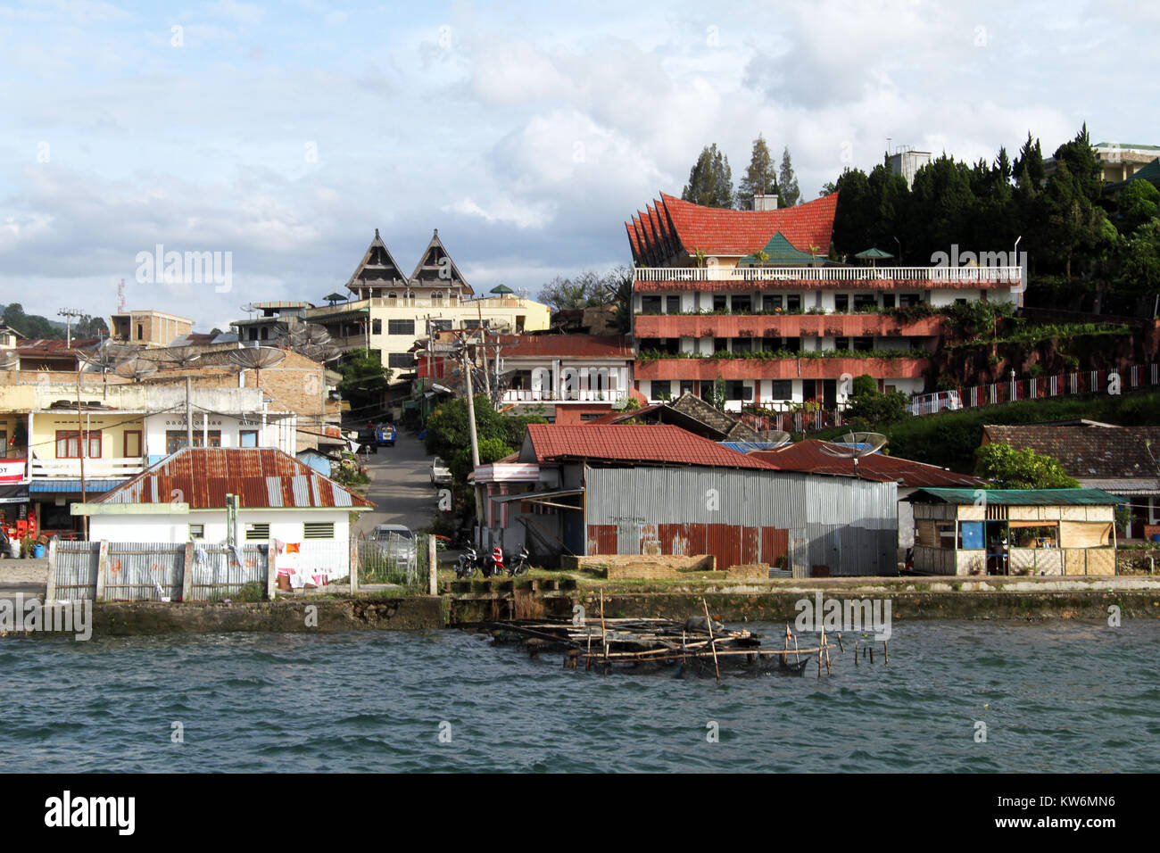 Houses in the Parapat town on the Toba lake in Indonesia Stock Photo ...