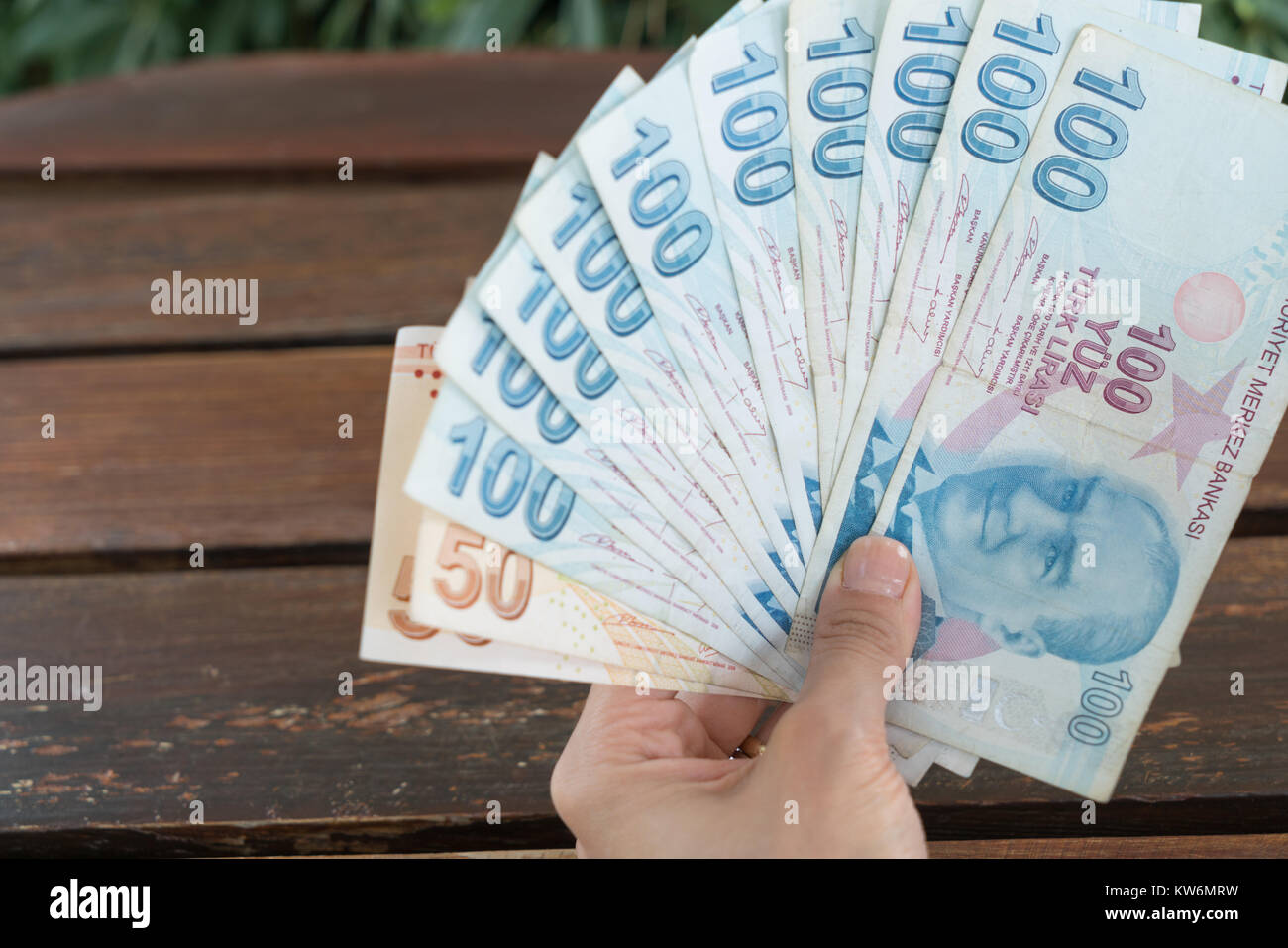 Female Showing Counting Turkish Money Lira on Outdoor Table in Summer ...