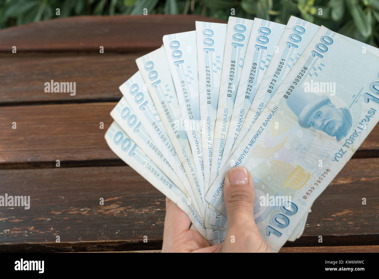 Female Showing Counting Turkish Money Lira on Outdoor Table in Summer ...