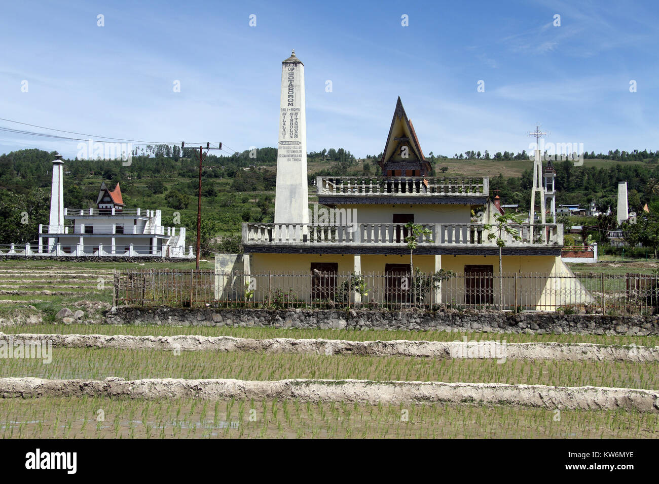 Batak traditional graves and rice field on the Samosir island ...