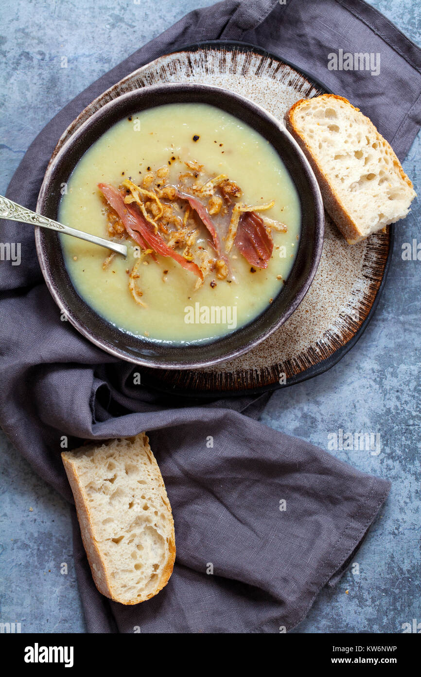 Jerusalem artichoke soup with walnut, ginger and parma ham crumb Stock ...