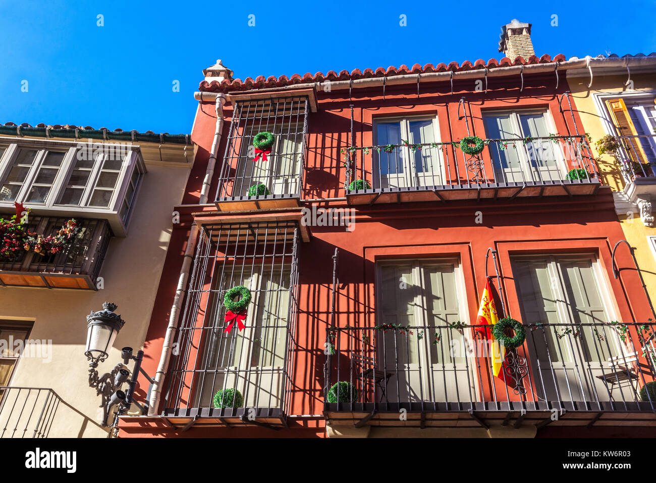 Malaga architecture, facades of buildings in the Malaga Old Town, Spain ...