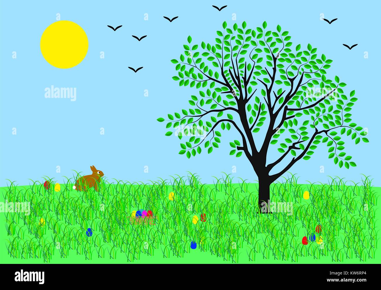 vector illustration of a spring landscape with easter bunny and eggs ...