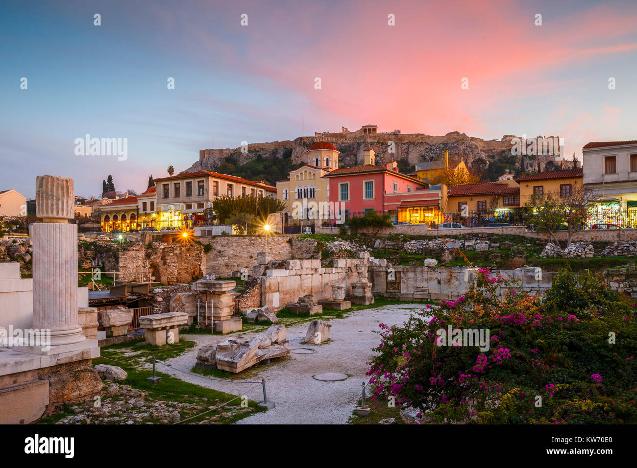 Remains of Hadrian's Library and Acropolis in the old town of Athens ...