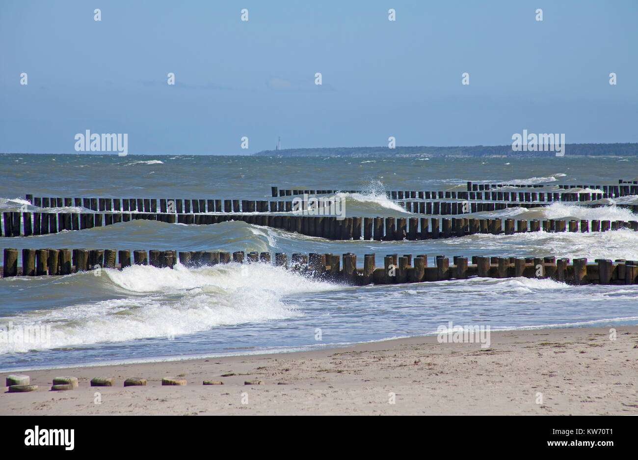 Wooden groynes, coast defence at shore, Ahrenshoop, Baltic Sea ...