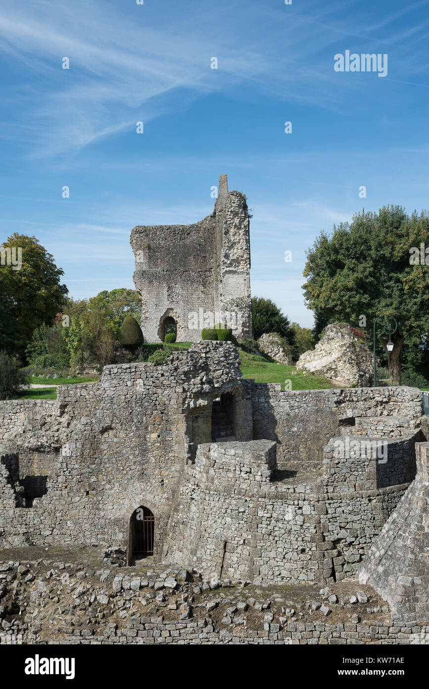 The ruins of the medieval castle of Domfront in the Orne region of ...