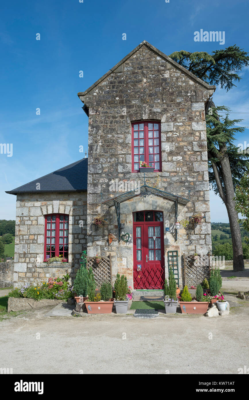 The historic medieval gate house and entrance to Domfront Castle in the ...
