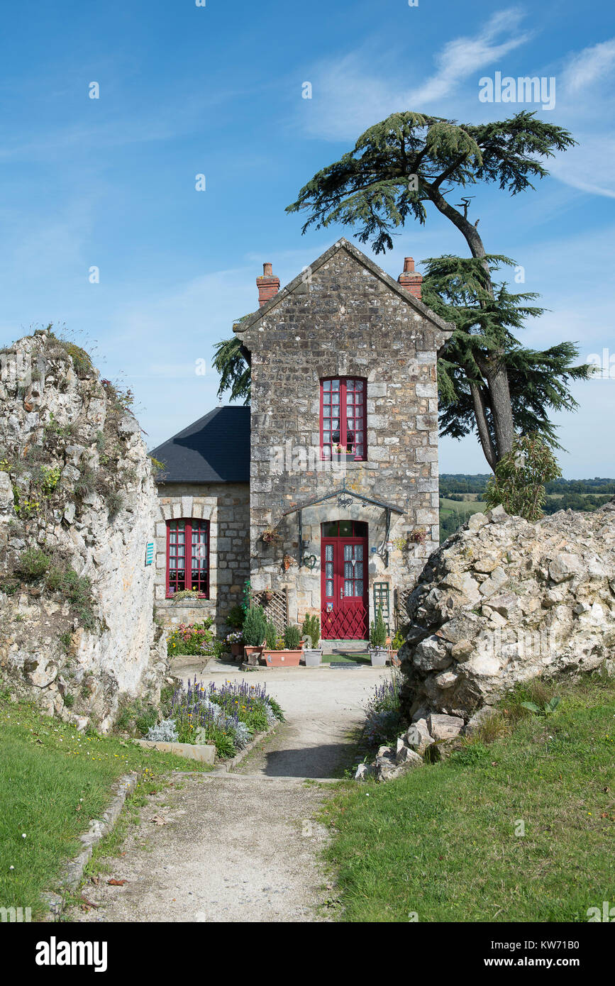 The historic medieval gate house and entrance to Domfront Castle in the ...