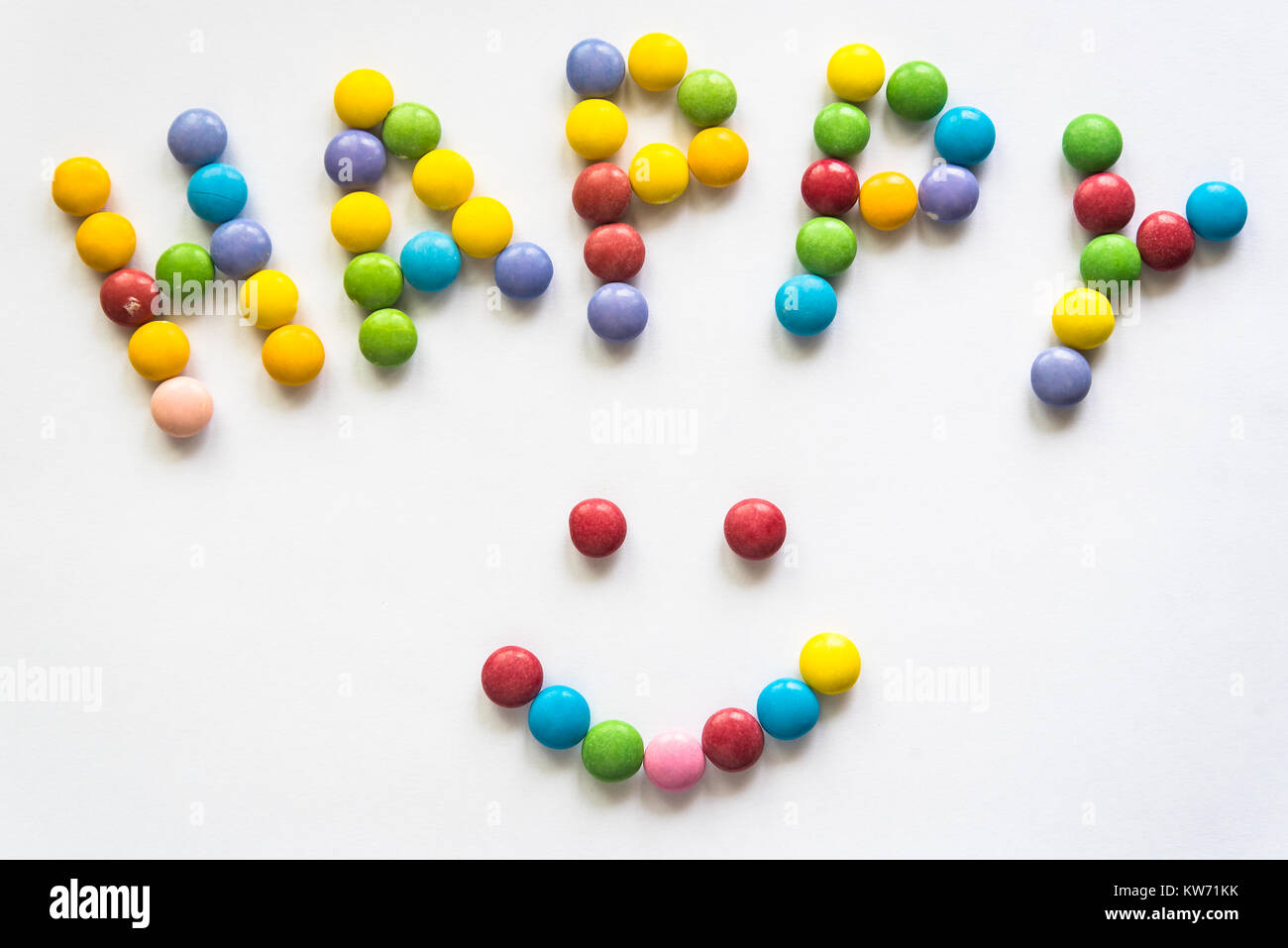 The word "happy" and smile sign is laid out on a white background from ...
