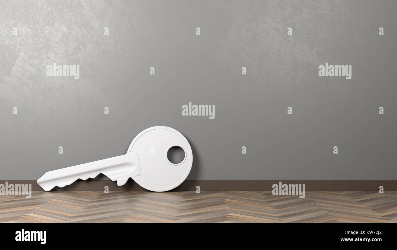 White Key Shape on Wooden Floor Against Grey Wall with Copyspace 3D ...