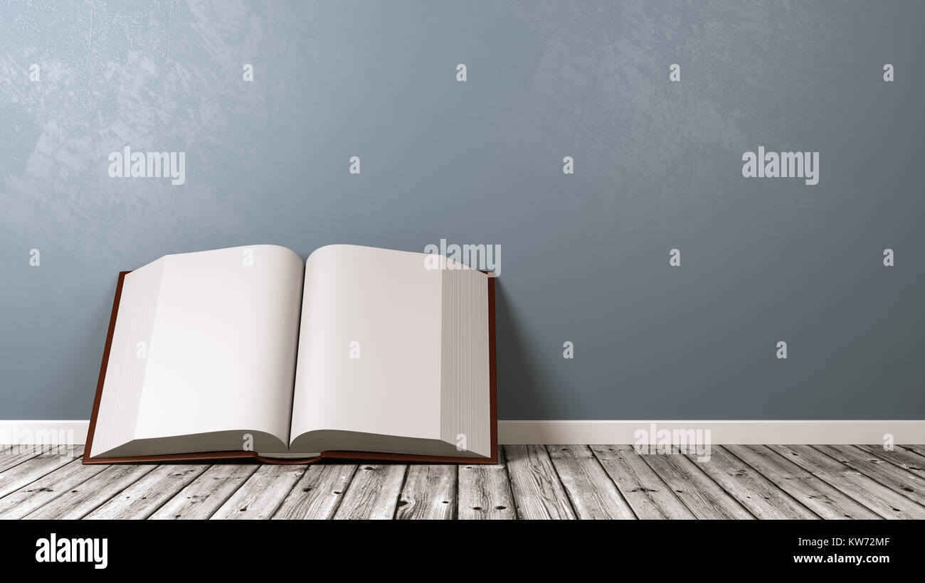Open Book with Blank Pages on Wooden Floor Against Blue-Grey Wall with ...