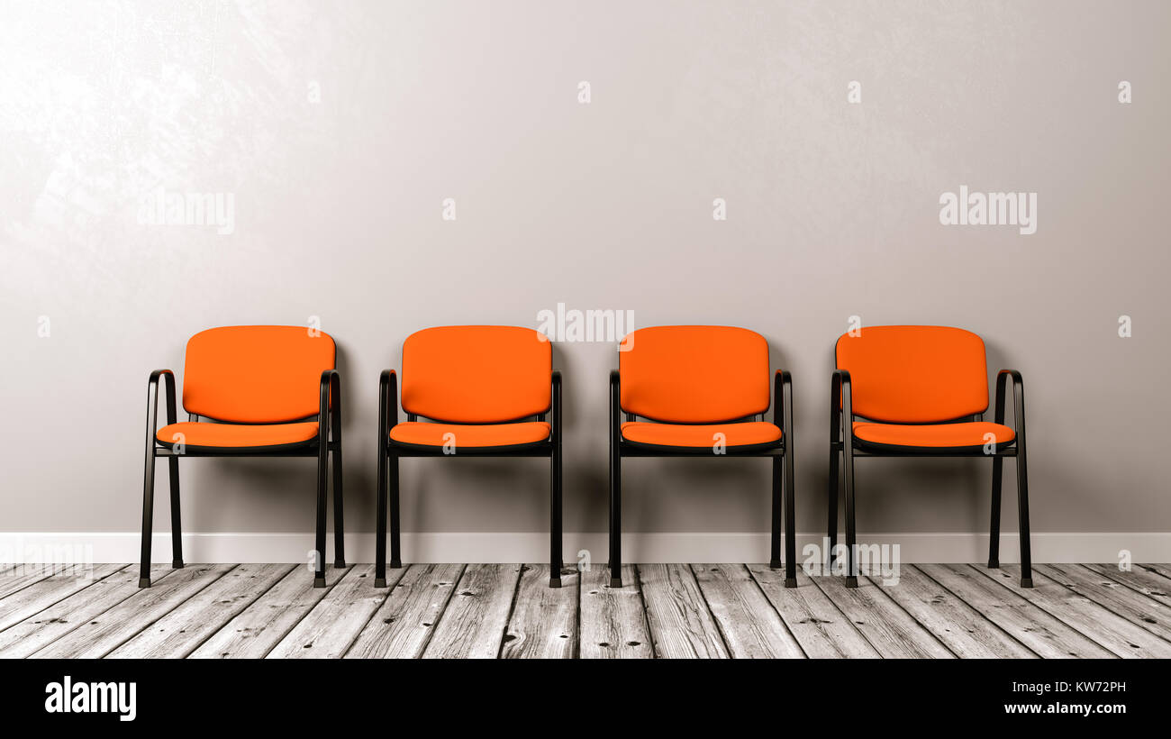 Row of Same Chairs on Wooden Floor Against Grey Wall with Copyspace 3D ...