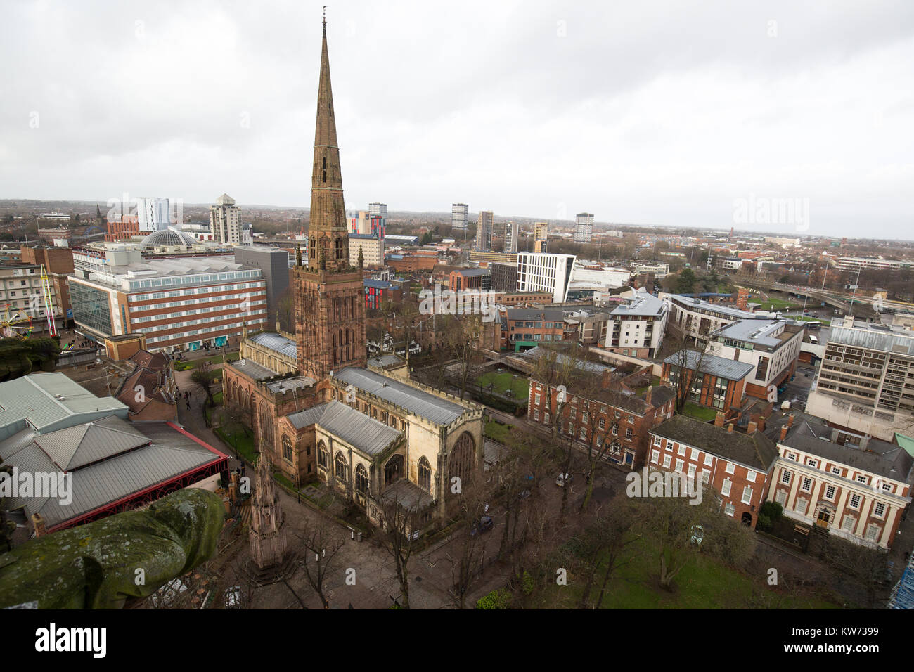 The view from atop Coventry Cathedral, West Midlands. Coventry has been ...