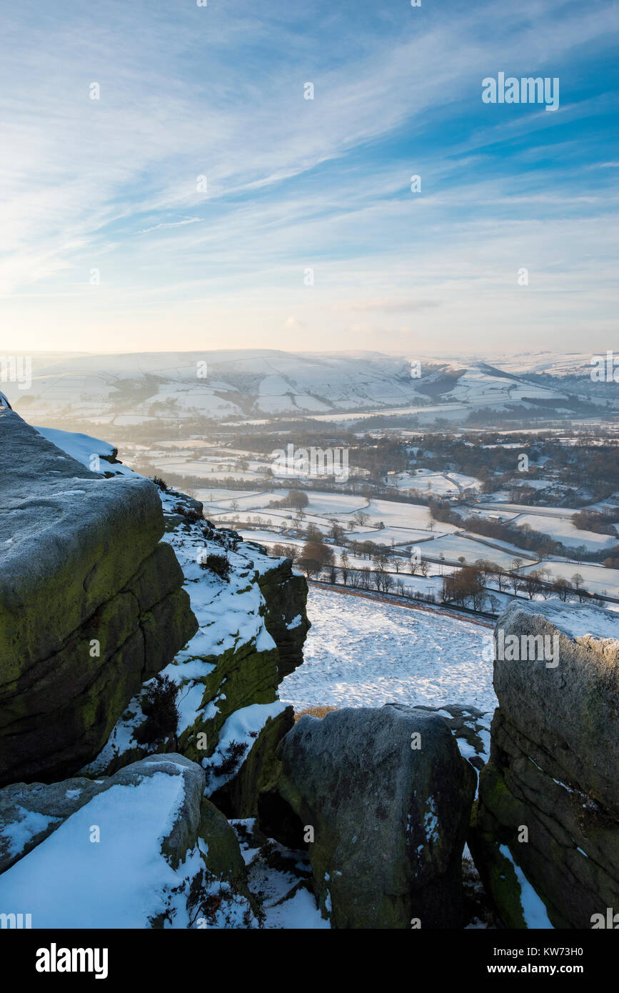 Snowy landscape below Bamford Edge in the Peak District, Derbyshire ...