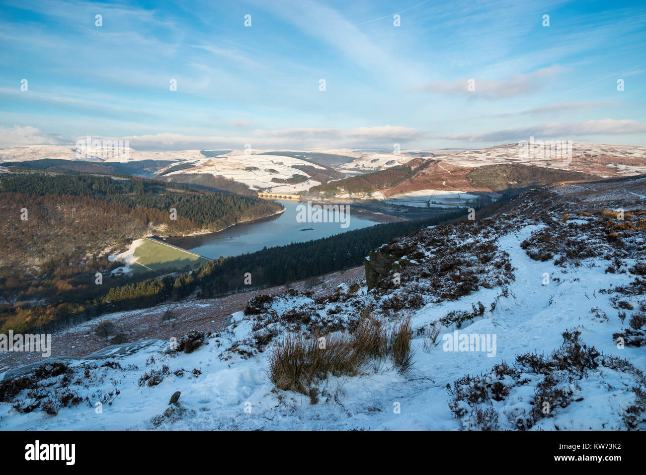 Ladybower reservoir seen from Bamford Edge on a snowy winter morning in ...