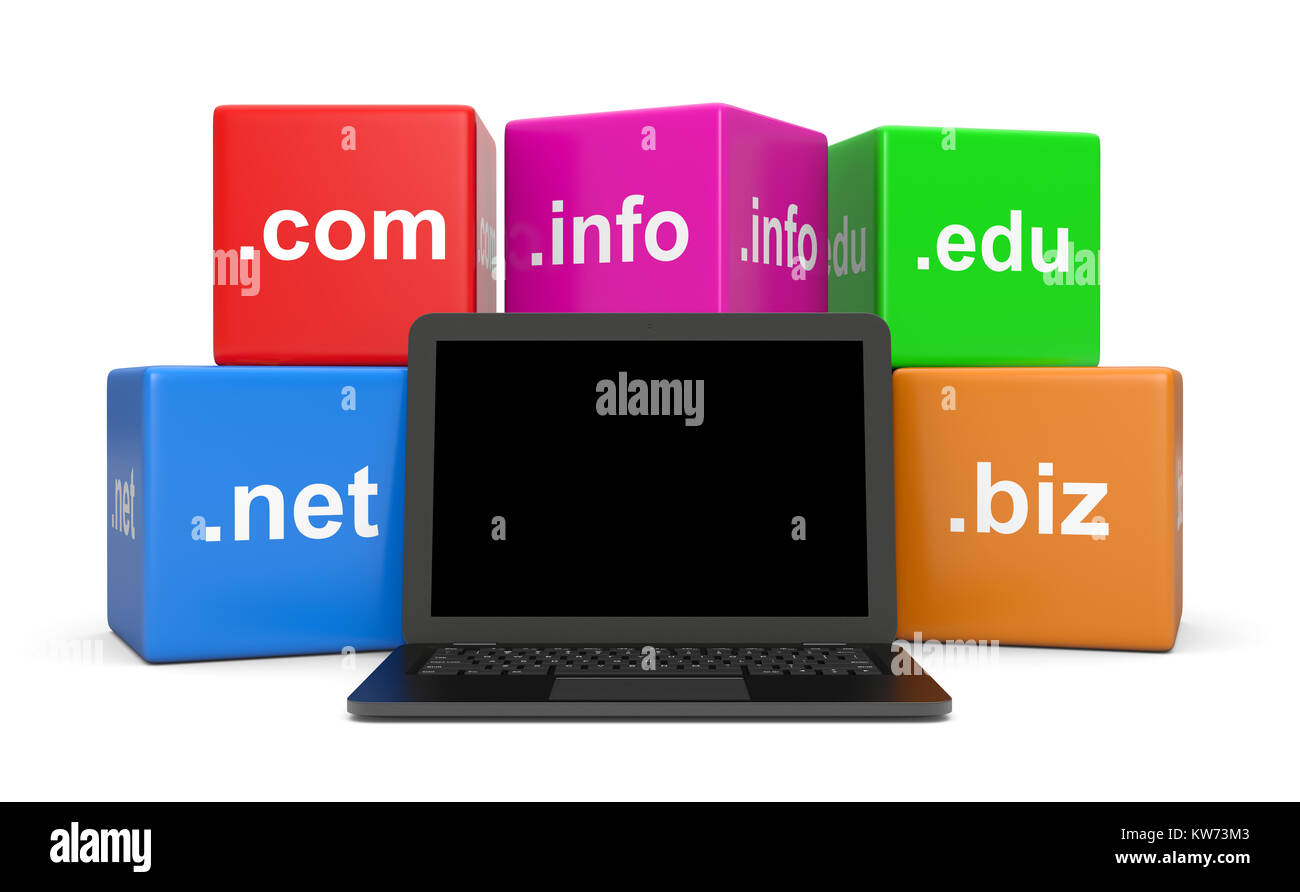 Internet Domain Names Cubes Behind a Blank Screen Laptop Computer 3D ...