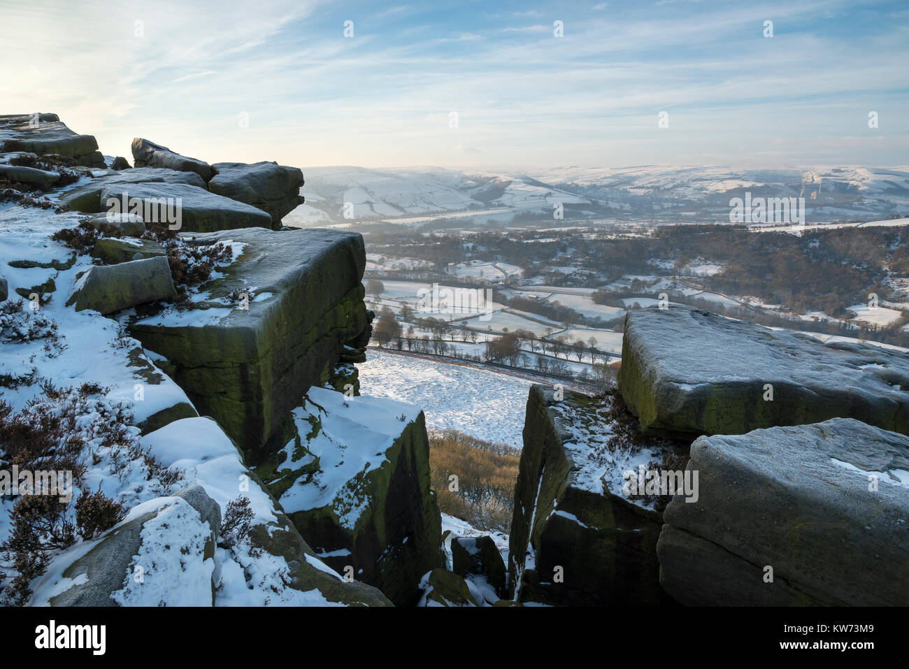 Beautiful winter morning at Bamford Edge in the Peak District national ...
