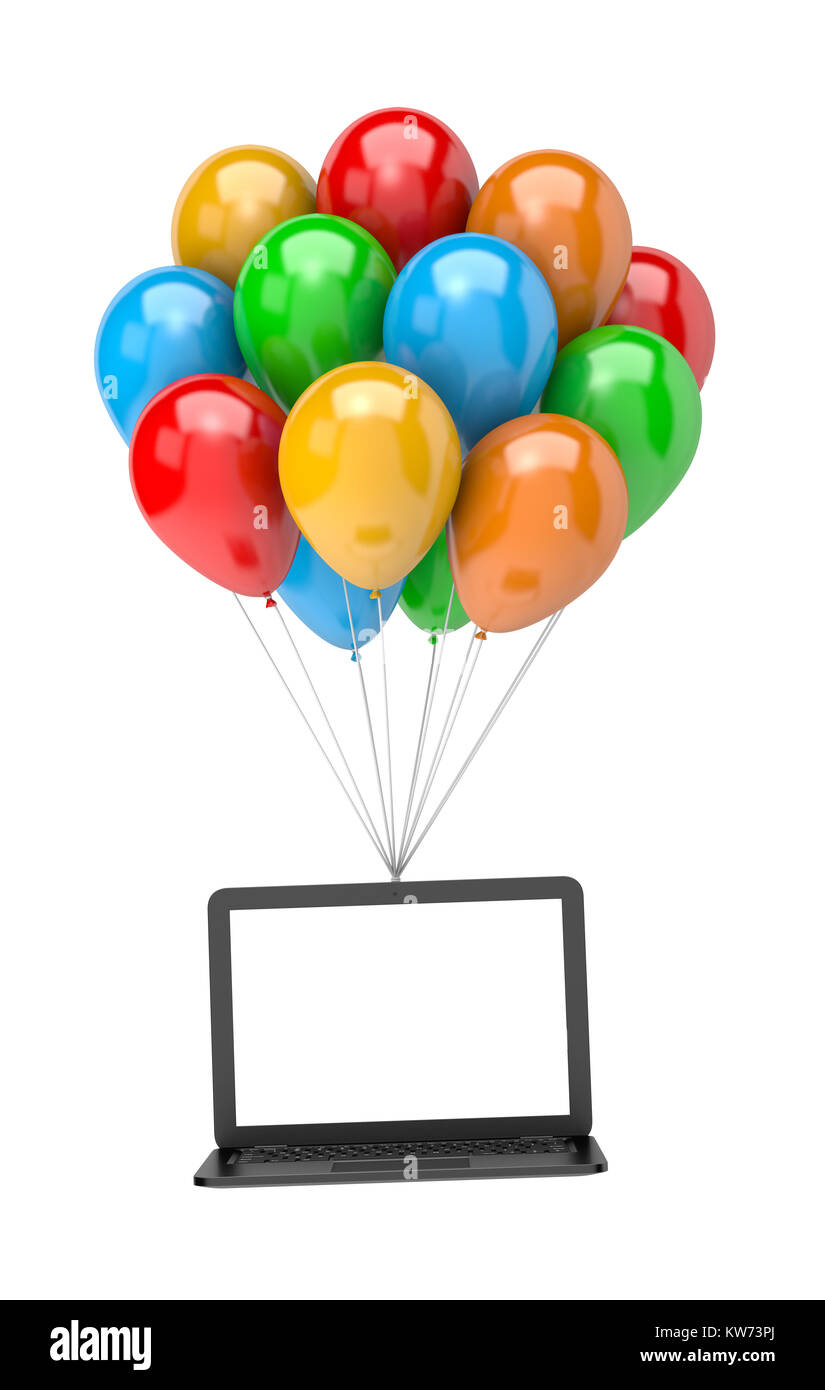 Bunch of Vibrant Color Balloons Holding Up a Blank Screen Laptop ...
