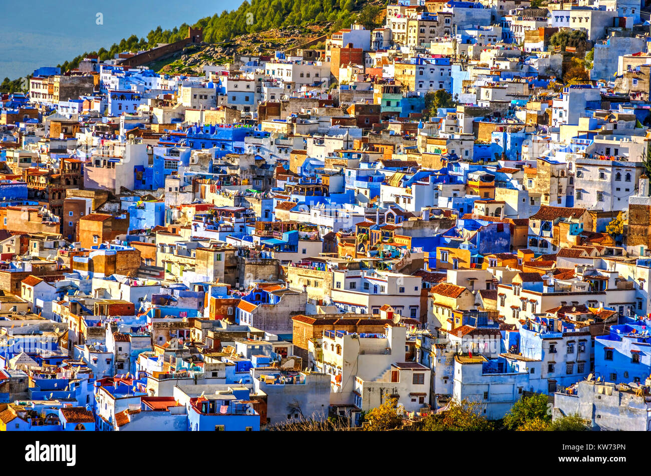 Chefchaouen panorama, blue city skyline on the hill, Morocco Stock ...