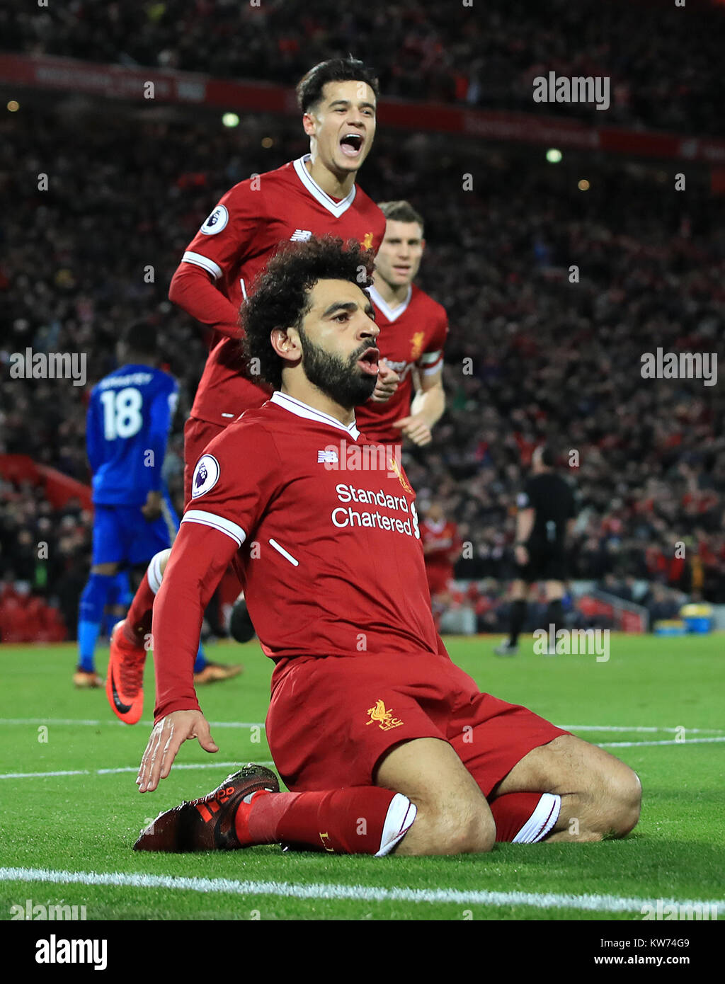 Liverpool's Mohamed Salah celebrates scoring his side's second goal ...