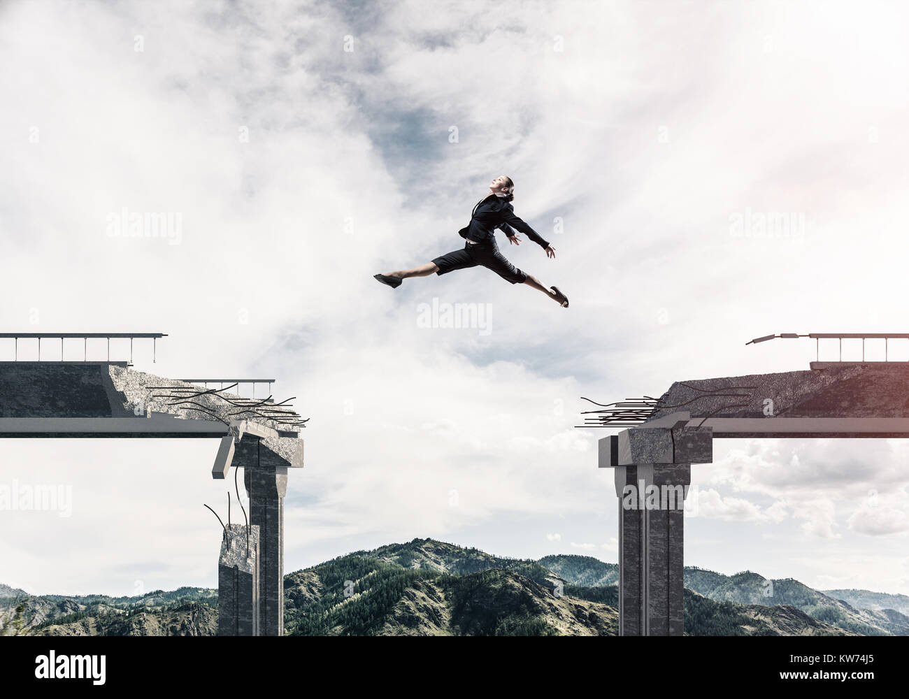 Business woman jumping over huge gap in concrete bridge as symbol of ...