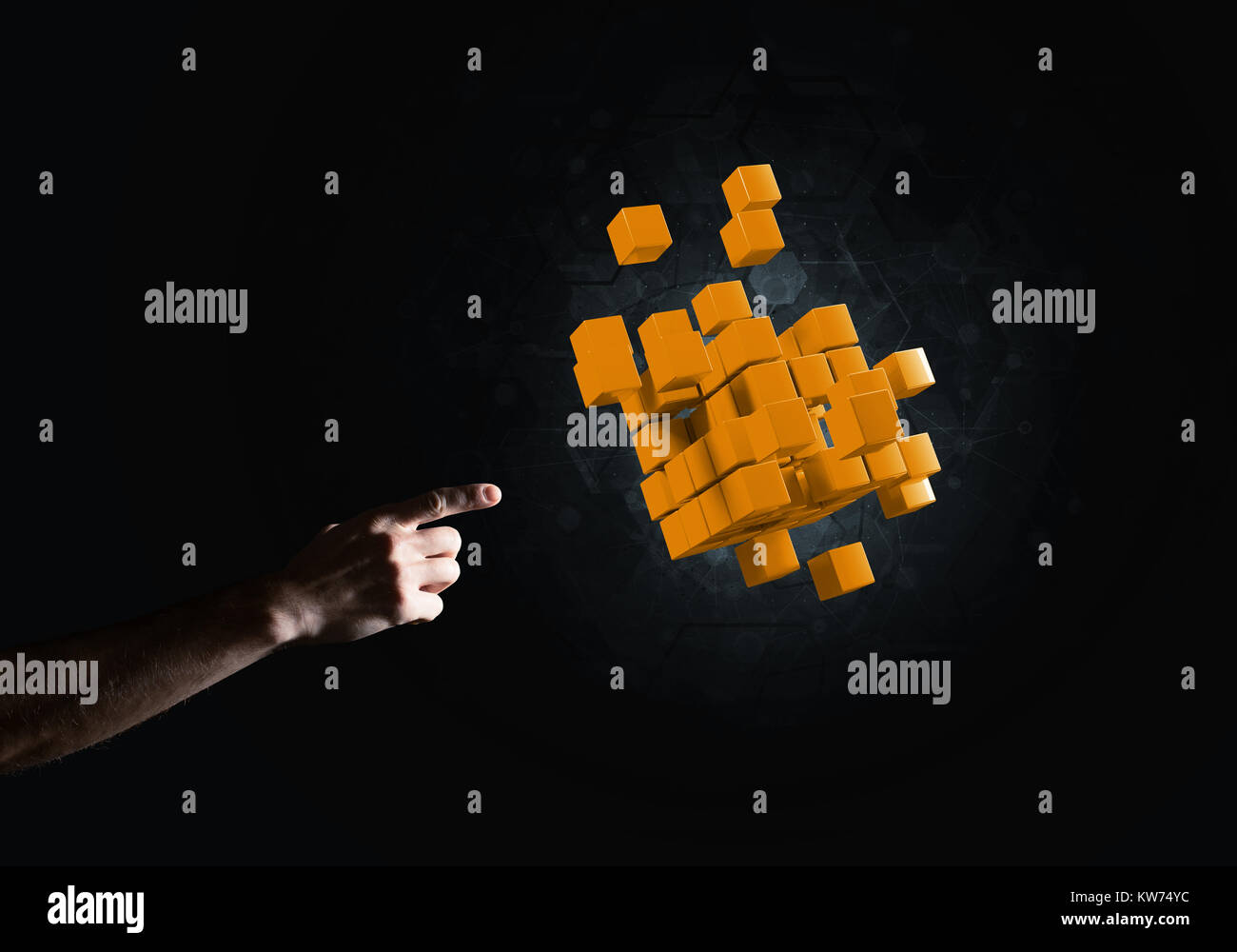 Close of man hand holding cube figure as symbol of innovation. 3D ...