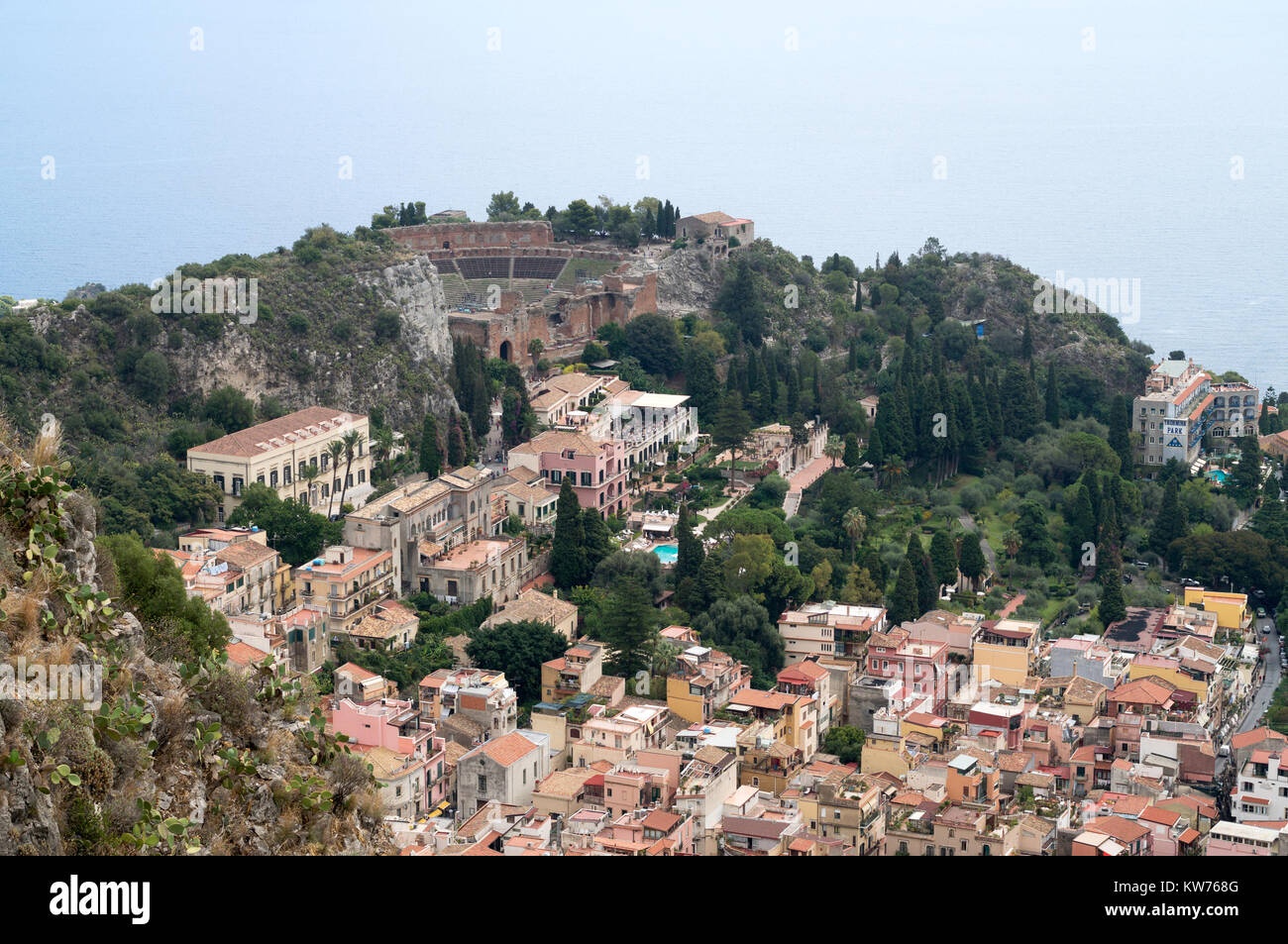 Taormina from above with the town and Greco Roman amphitheatre, Sicily ...