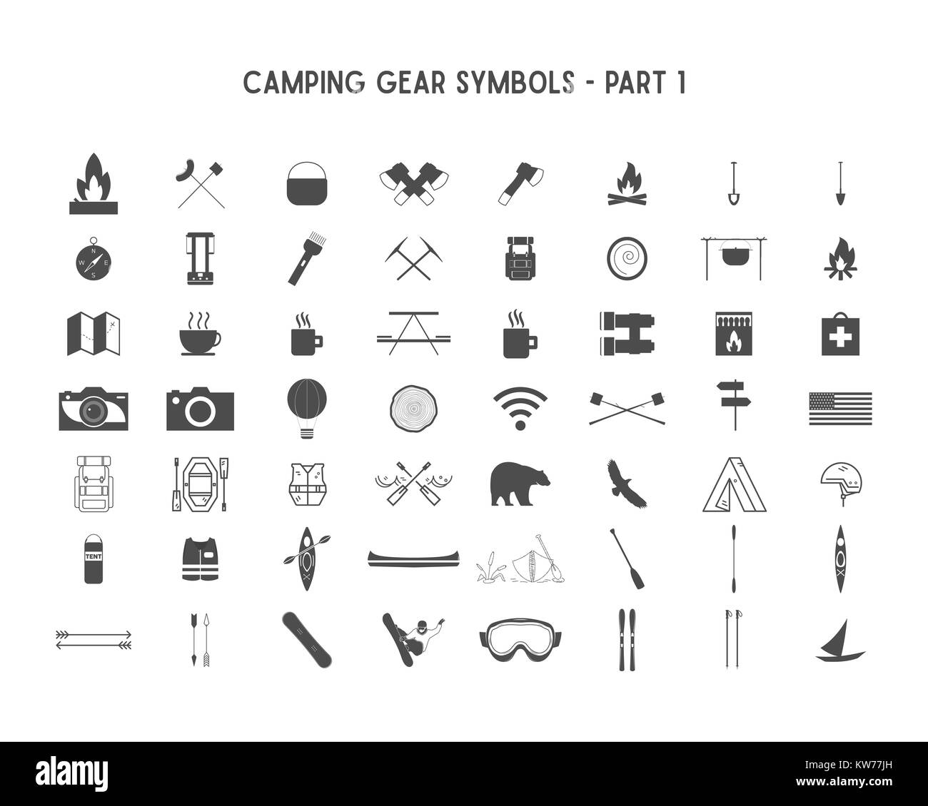 Set of silhouette icons and shapes with different outdoor gear, camping ...